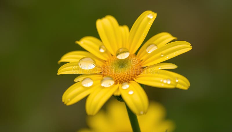 Macro Image of a Yellow Daisy with Symmetrical Dew Drops on Its Petals ...