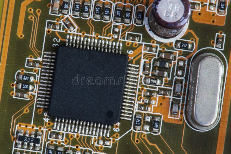 Macro Microchip in Yellow Circuit Board Abstract Background Stock Image ...