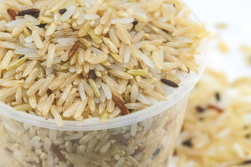 Macro Mix Organic Brown Rice Grains in Measuring Rice Cup, View from ...