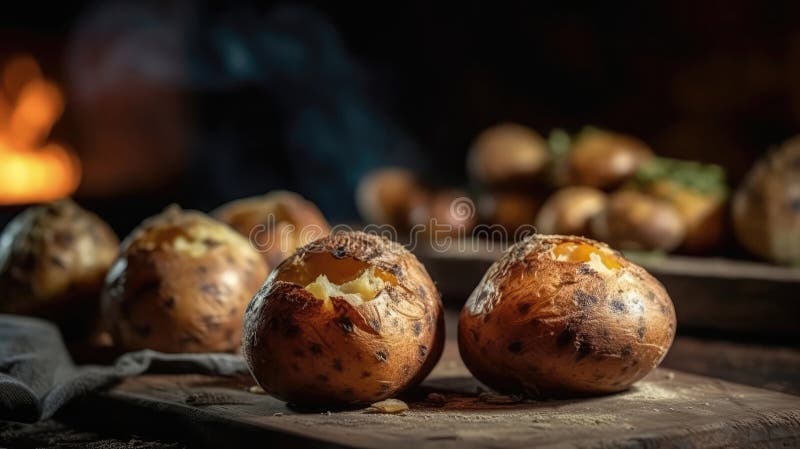 Macro Photo Baked Potatoes on Stone Rustic Pub. Generative AI Stock ...
