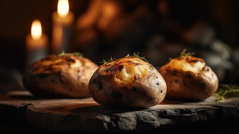 Macro Photo Baked Potatoes on Stone Rustic Pub. Generative AI Stock ...
