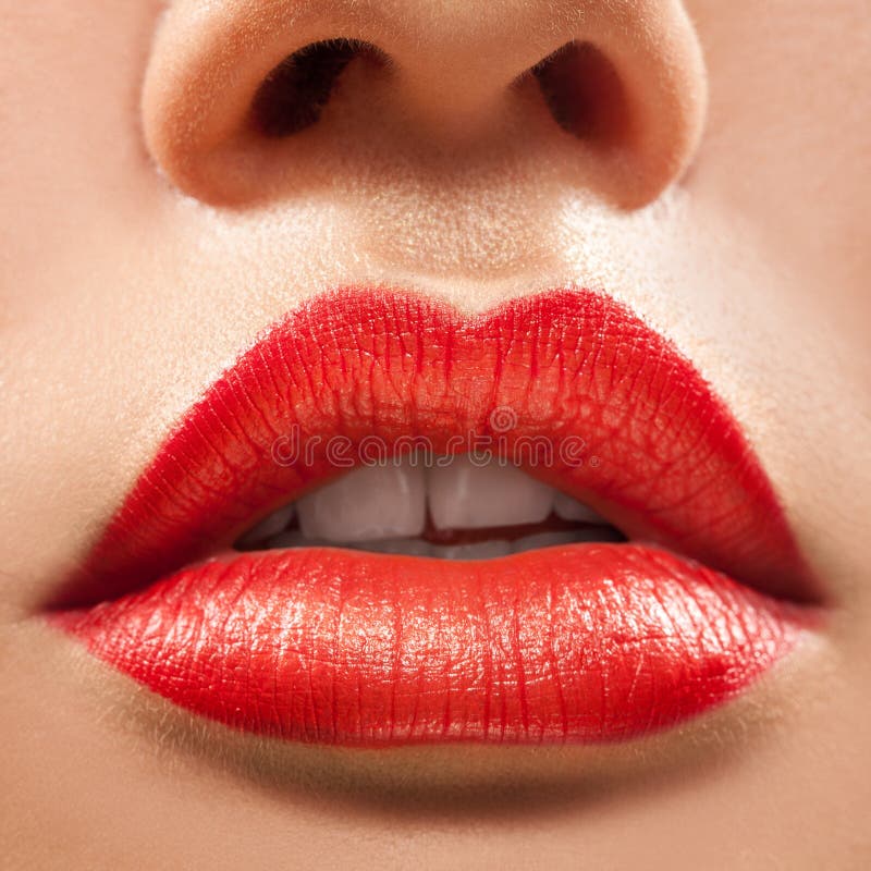 Macro Photo of Beautiful Woman Lips with Red Lipstick Stock Image ...