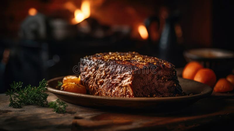 Macro Photo Beef Brisket on Stone Rustic Pub. Generative AI Stock ...