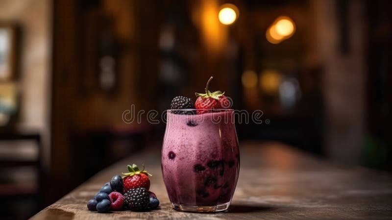 Macro Photo Berry Smoothie on Stone Rustic Pub. Generative AI Stock ...