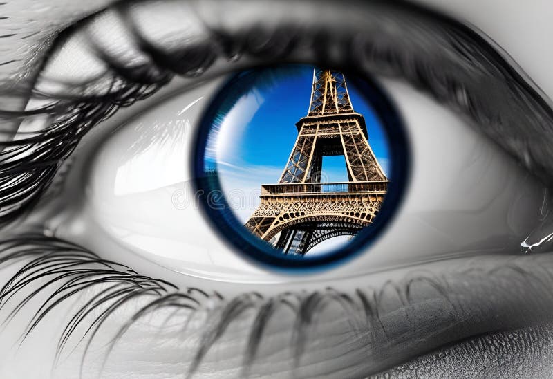 Macro Photo of a Blue Eye with Eiffel Tower Stock Illustration ...