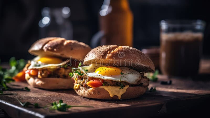 Macro Photo Breakfast Sandwiches on Stone Rustic Pub. Generative AI ...