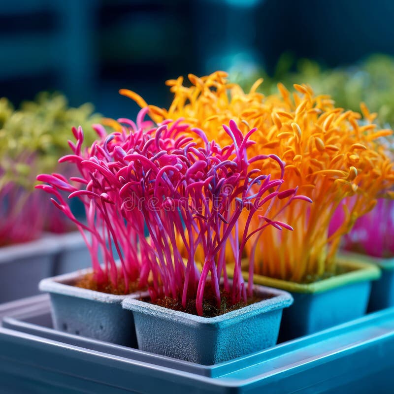 Colorful Neon Microgreen Seedlings in Futuristic Planting Tray Indoors ...