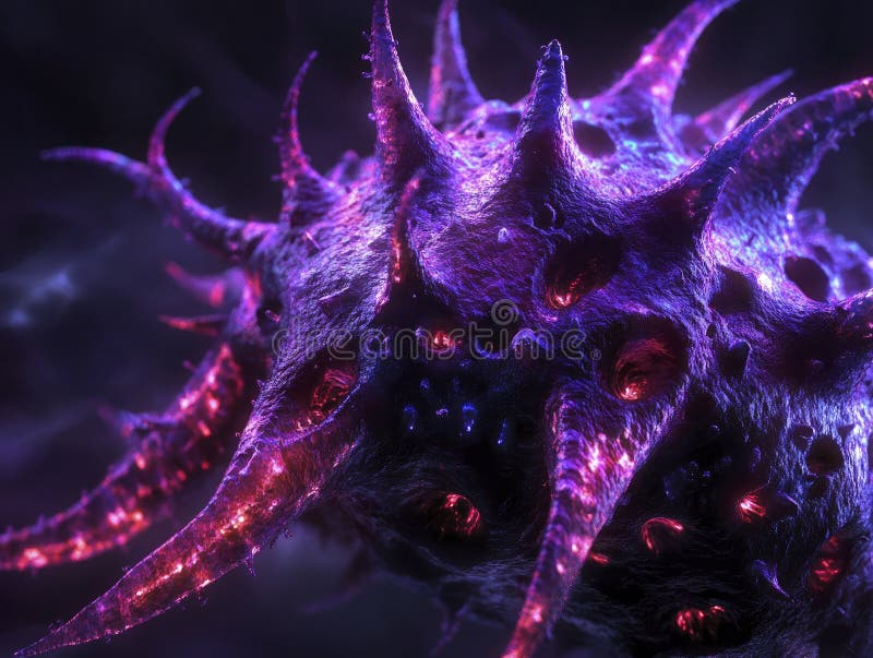 Macro Photo of a Complex Virus Structure with Spikes, Illuminated in ...