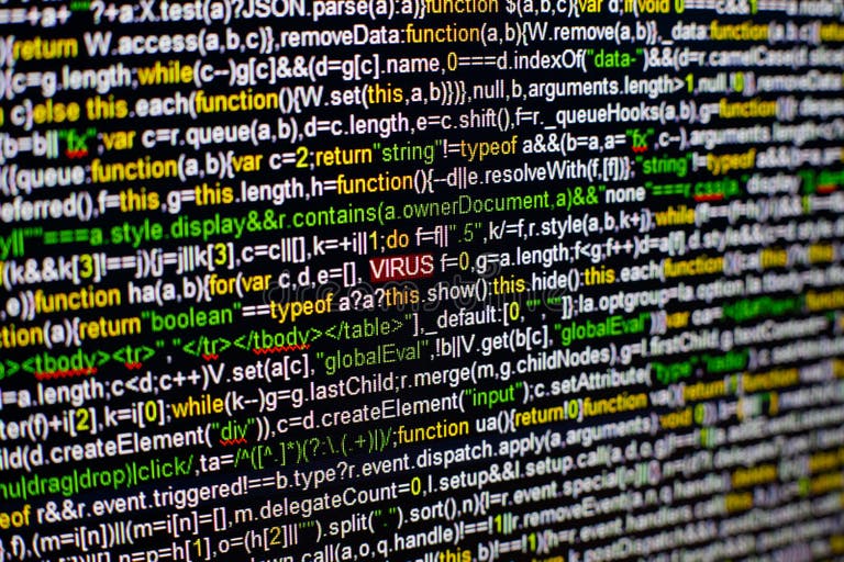 Macro Photo of Computer Screen with Program Source Code and Highlighted VIRUS Inscription in the ...