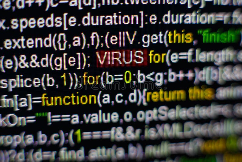 Macro Photo of Computer Screen with Program Source Code and Highlighted VIRUS Inscription in the ...