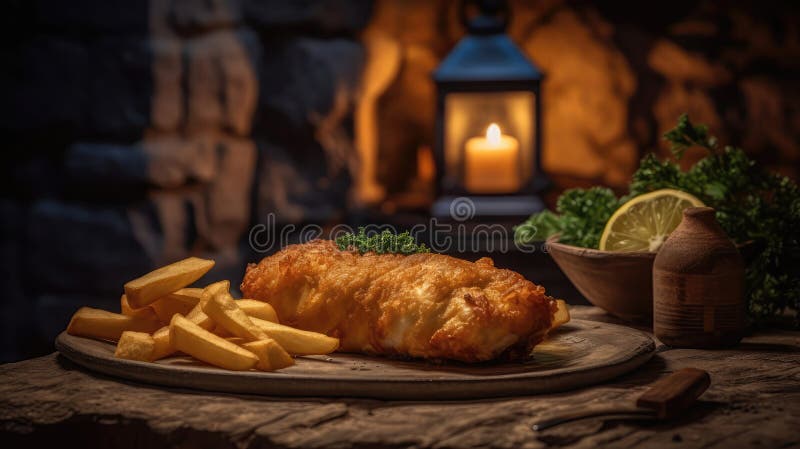 Macro Photo Fish and Chips on Stone Rustic Pub. Generative AI Stock ...