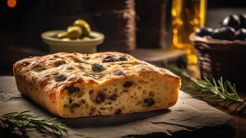 Macro Photo Focaccia on Stone Rustic Pub. Generative AI Stock ...
