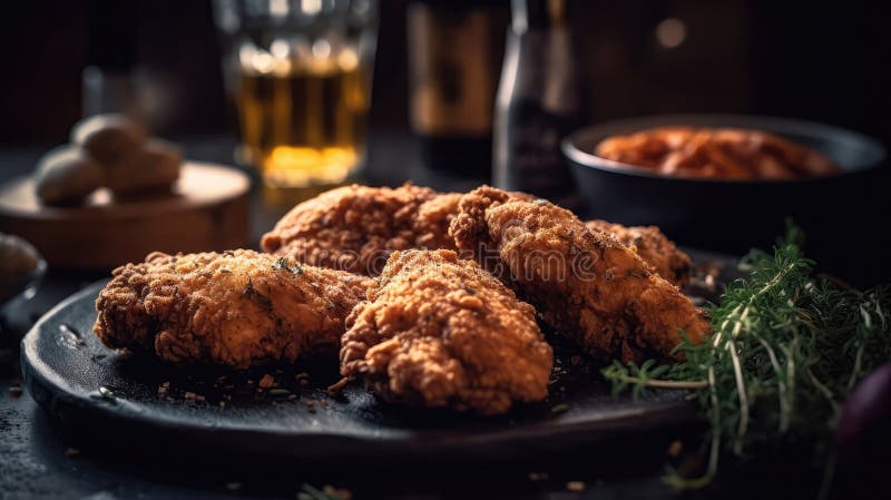 Macro Photo Fried Chicken on Stone Rustic Pub. Generative AI Stock ...