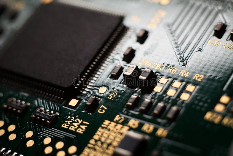 Macro Photo of a Green Computer Printed Circuit Board with Selective ...