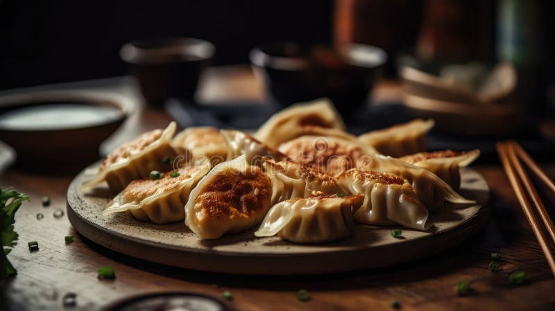 Macro Photo Gyoza on Stone Rustic Pub. Generative AI Stock Illustration ...