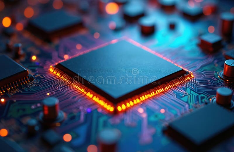 Macro Photo of Illuminated Tech Processor. Computer Hardware Microchip Motherboard Circuit Board ...