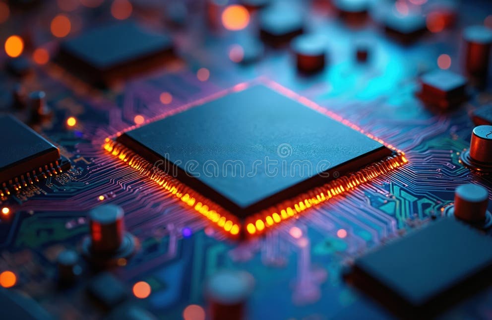 Macro Photo of Illuminated Tech Processor. Computer Hardware Microchip Motherboard Circuit Board ...