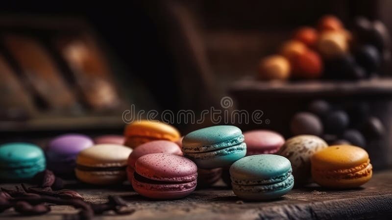 Macro Photo Macarons on Stone Rustic Pub. Generative AI Stock ...