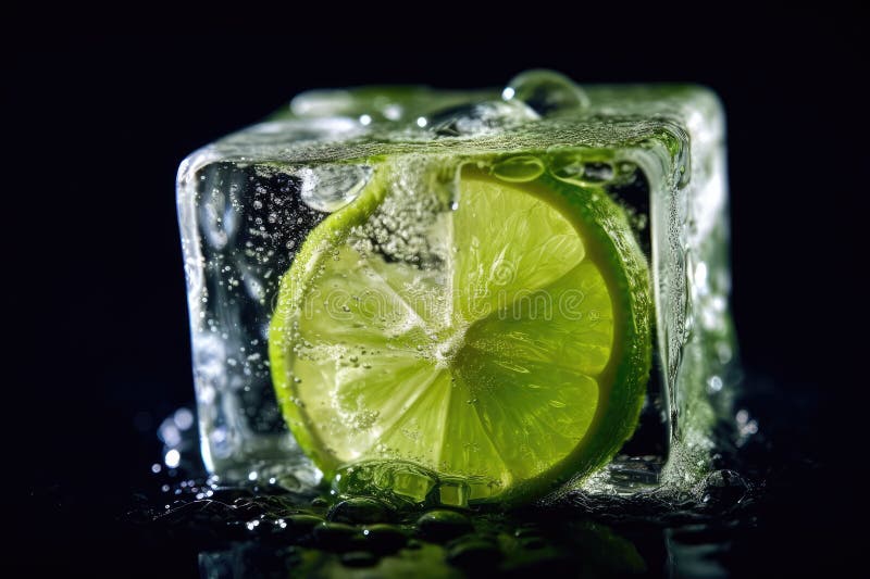 Macro Photo One Lime in an Ice Cube. Generative AI Stock Illustration ...