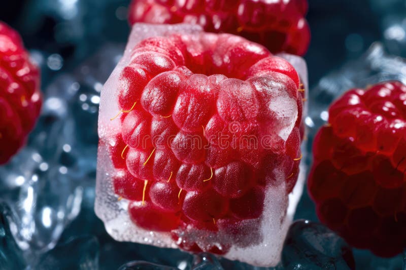 Macro Photo One Raspberry in an Ice Cube. Generative AI Stock ...