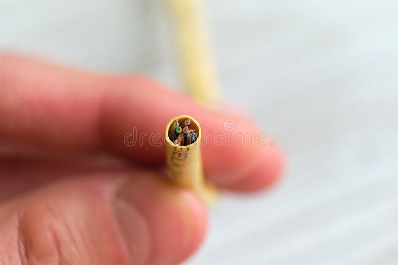 Macro Photo, a Person Holds a Cut Cable in His Hand. Stock Photo ...