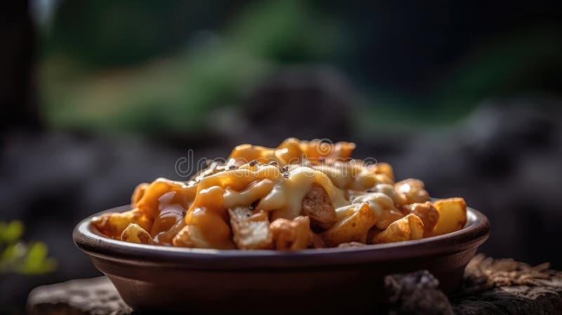 Macro Photo Poutine on Stone Rustic Pub. Generative AI Stock ...