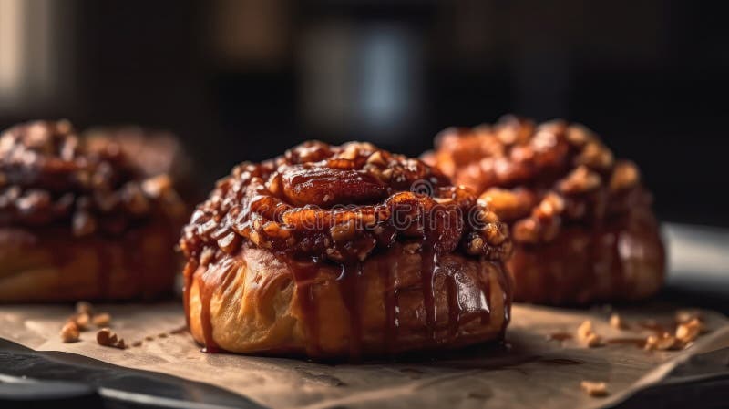 Macro Photo Sticky Buns on Stone Rustic Pub. Generative AI Stock ...