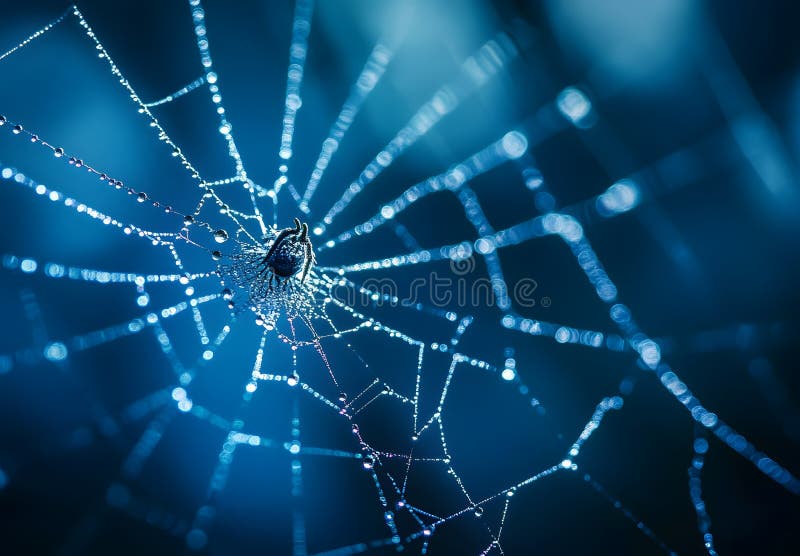 Macro Photography of Dewy Spider Web with Blue Background Stock ...