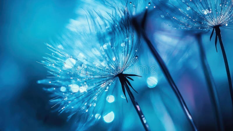 Macro Photograph of Blue Dandelion Seed Head with Water Droplets Stock Illustration ...