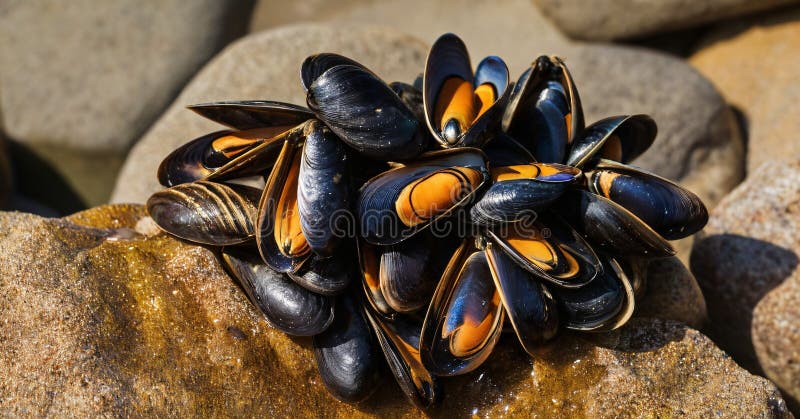 Macro Photograph of Bundle of Mussels Clinging To a Rock Stock ...