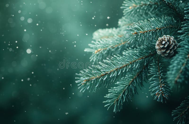 Close-up of Pine Tree Branches with Snowflakes and a Pine Cone Evoking ...