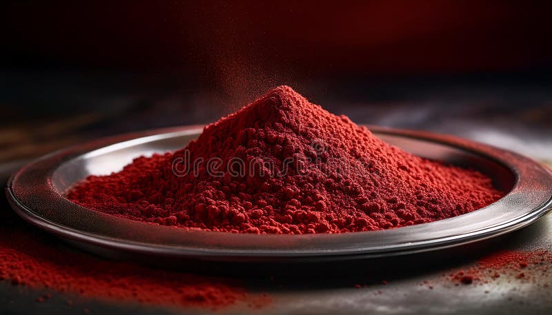 A Macro Photograph of Deep Red Spice Powder Mounded in a Silver Plate ...