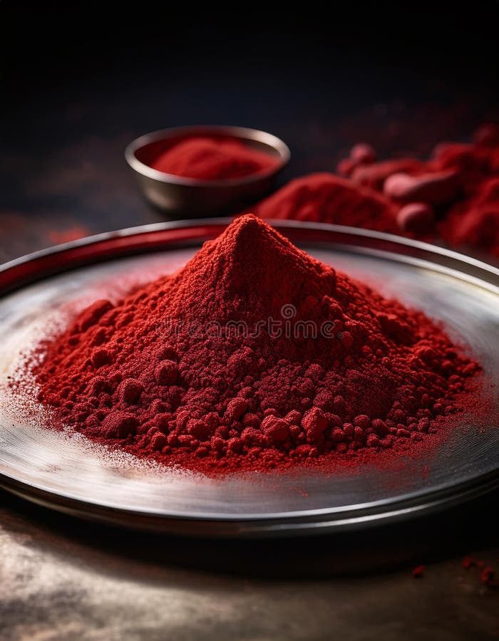 A Macro Photograph of Deep Red Spice Powder Mounded in a Silver Plate ...
