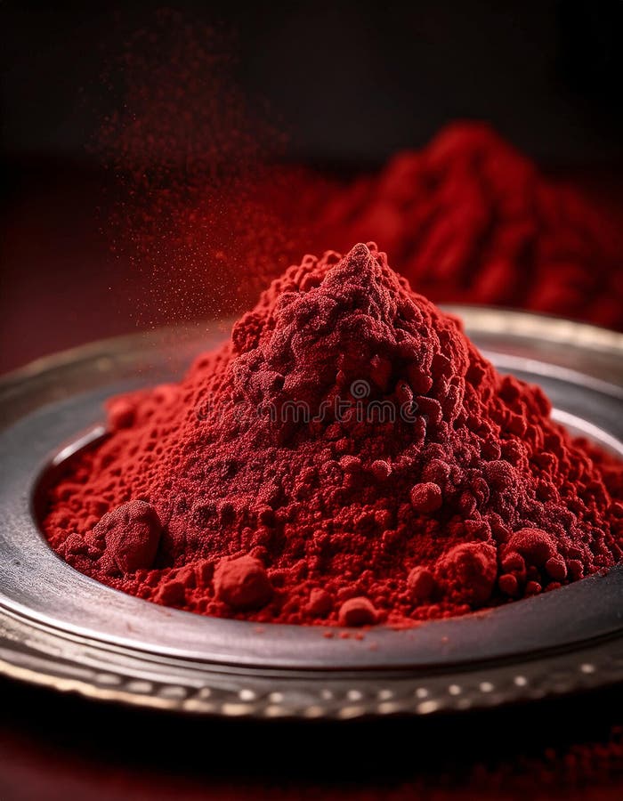 A Macro Photograph of Deep Red Spice Powder Mounded in a Silver Plate ...