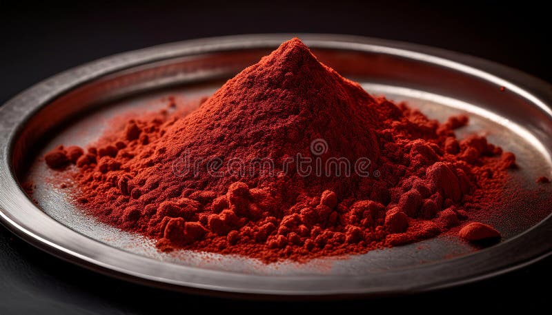 A Macro Photograph of Deep Red Spice Powder Mounded in a Silver Plate ...