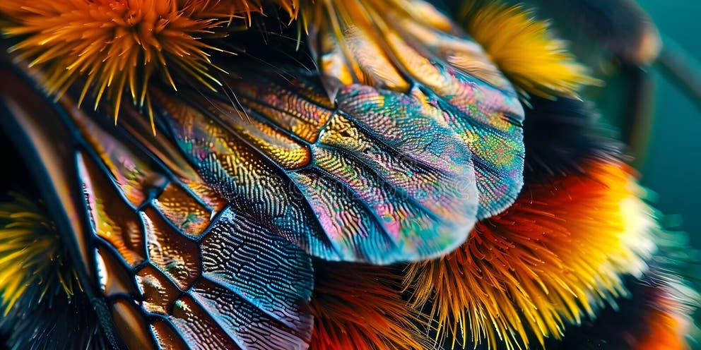 Macro Photography of a Bumble Bee Wing with a Blue and Gold Pattern ...