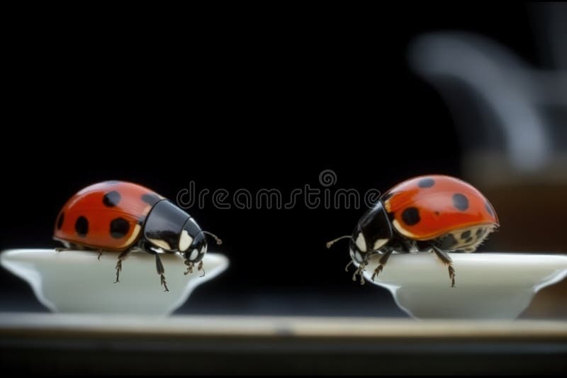 Two Ladybugs Sit on Two Small Porcelain Rosettes on a Table Stock ...