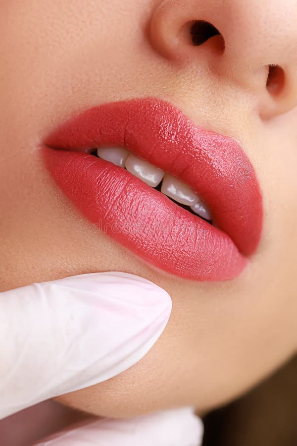Macro Photography of Permanent Lip Makeup Made with Red Pigment Stock ...