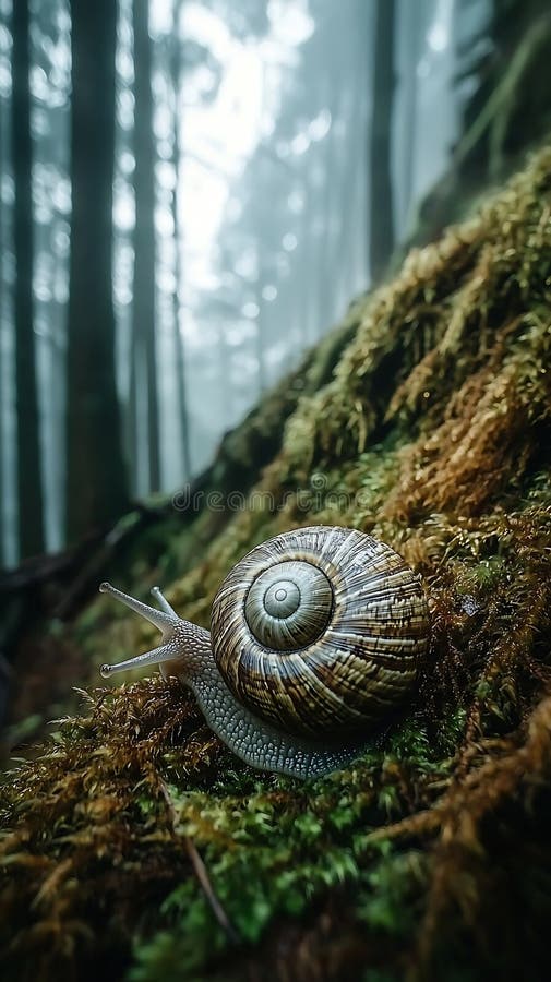 Snail on Moss Macro, Spiral Shell and Slimy Texture in a Lush Forest ...