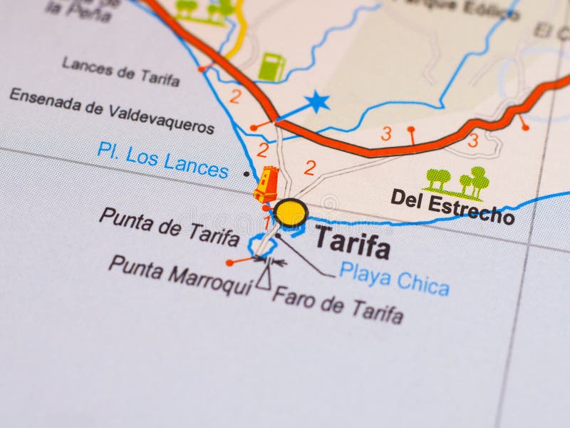 Macro Picture of the Location on the Map of the City of Tarifa in Spain ...