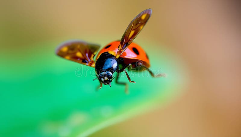 Macro Red Ladybug Insect Ready Take Flight from Green Leaf Blurred ...