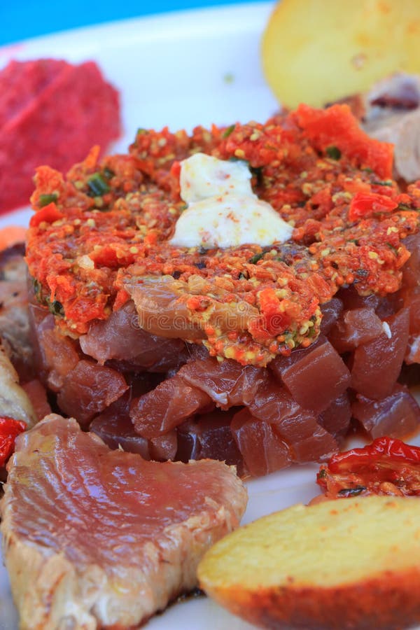 Macro of Red Tuna with Its Vegetable Garnish in a French Restaurant ...