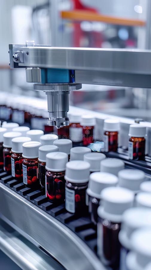 A Macro Shot of an Automatic Labeling Machine for Medicine Bottles ...