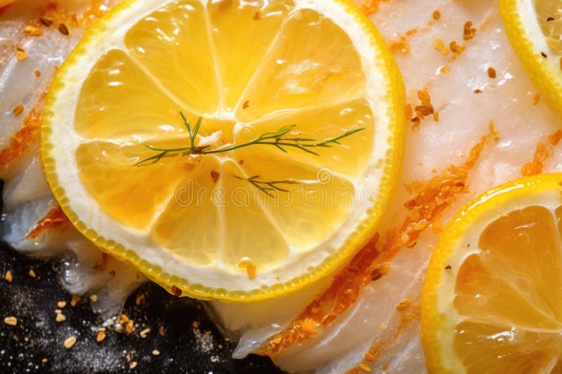 Macro Shot of Baked Cod Texture, Lemon Slice in Frame Stock Image ...