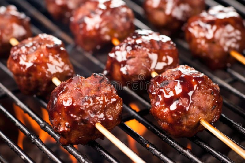 Macro Shot of Bbq Meatball Skewers Showing Grill Marks Stock Photo ...