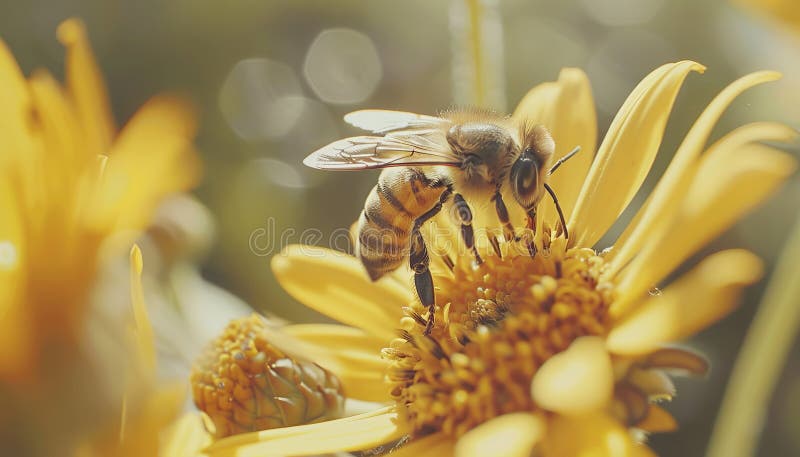 Macro Shot of a Bee, Hard at Work Gathering Nectar on Vibrant Yellow ...