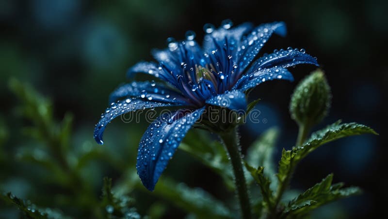A Macro Shot of a Blue Bloom with Droplets on it and a Green Foliage in ...