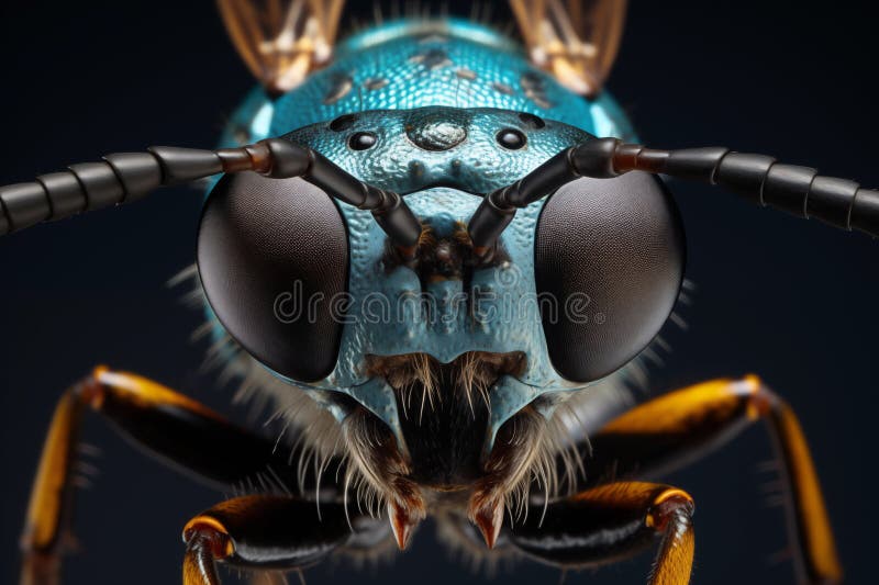 Macro Shot of a Blue Insect, Isolated on Black Background. Front View ...