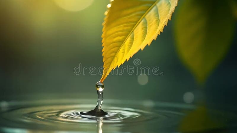 Delicate Water Drop Falling from a Leaf, Creating Ripples in a Tranquil ...