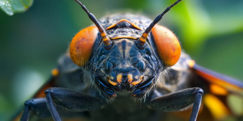 Macro Shot of a Cicada’s Head with Sharp Focus on Its Orange Eyes and ...
